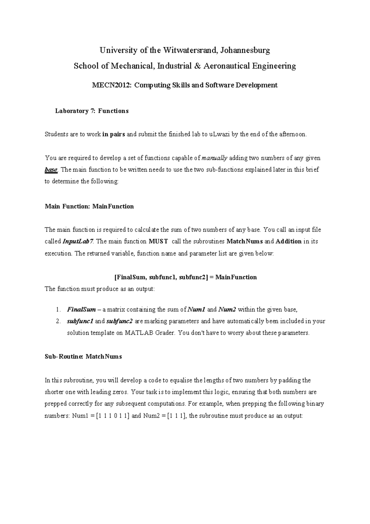 Laboratory 7 Functions - University of the Witwatersrand, Johannesburg ...