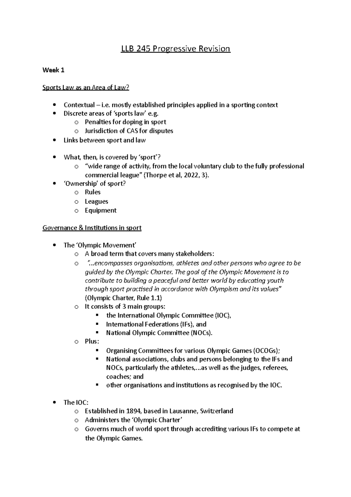 LLB 245 Revision - LLB 245 Progressive Revision Week 1 Sports Law as an ...