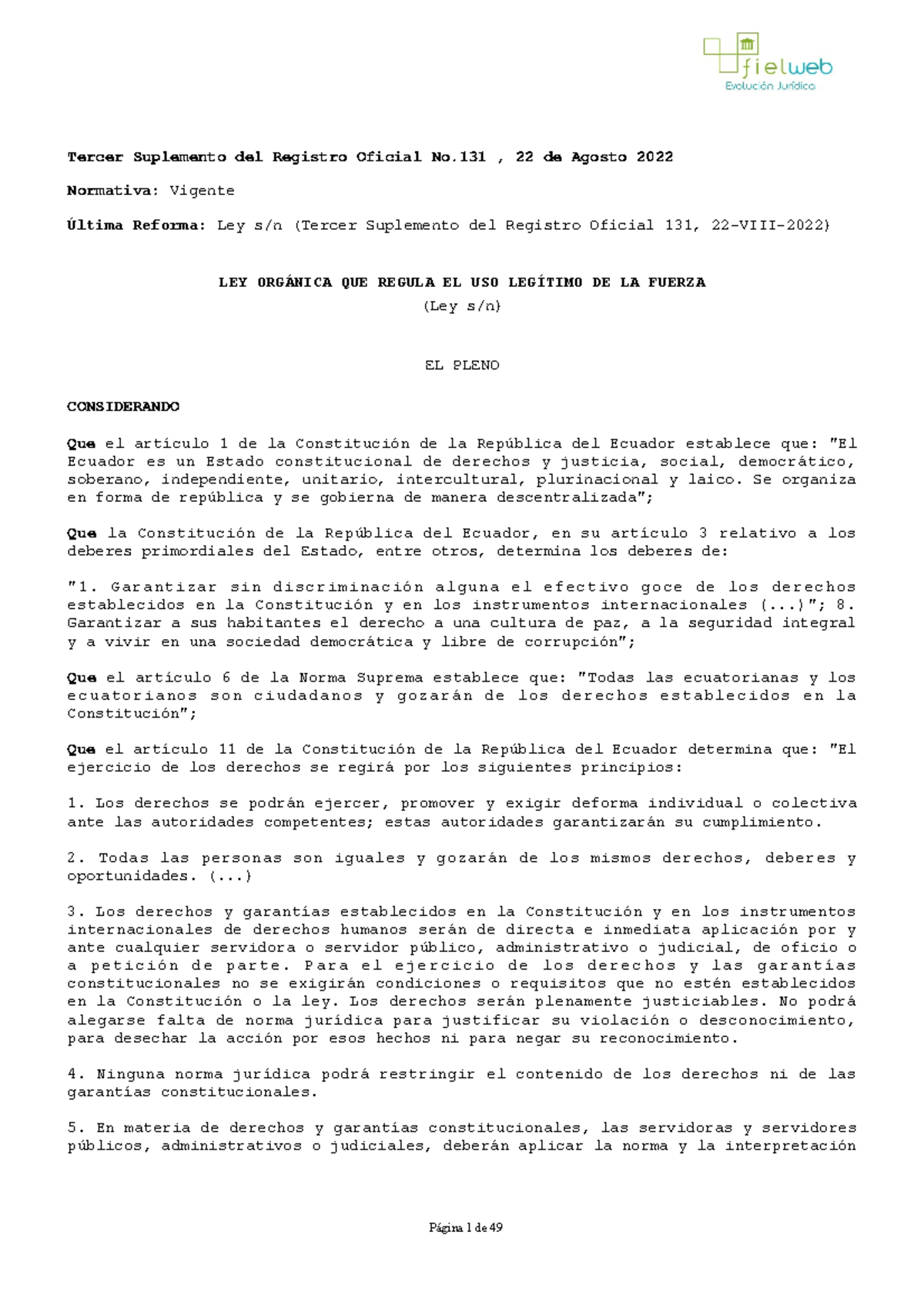 Ley Orgánica que regula el Uso Legítimo de la Fuerza - Tercer Suplemento del Registro Oficial No ...