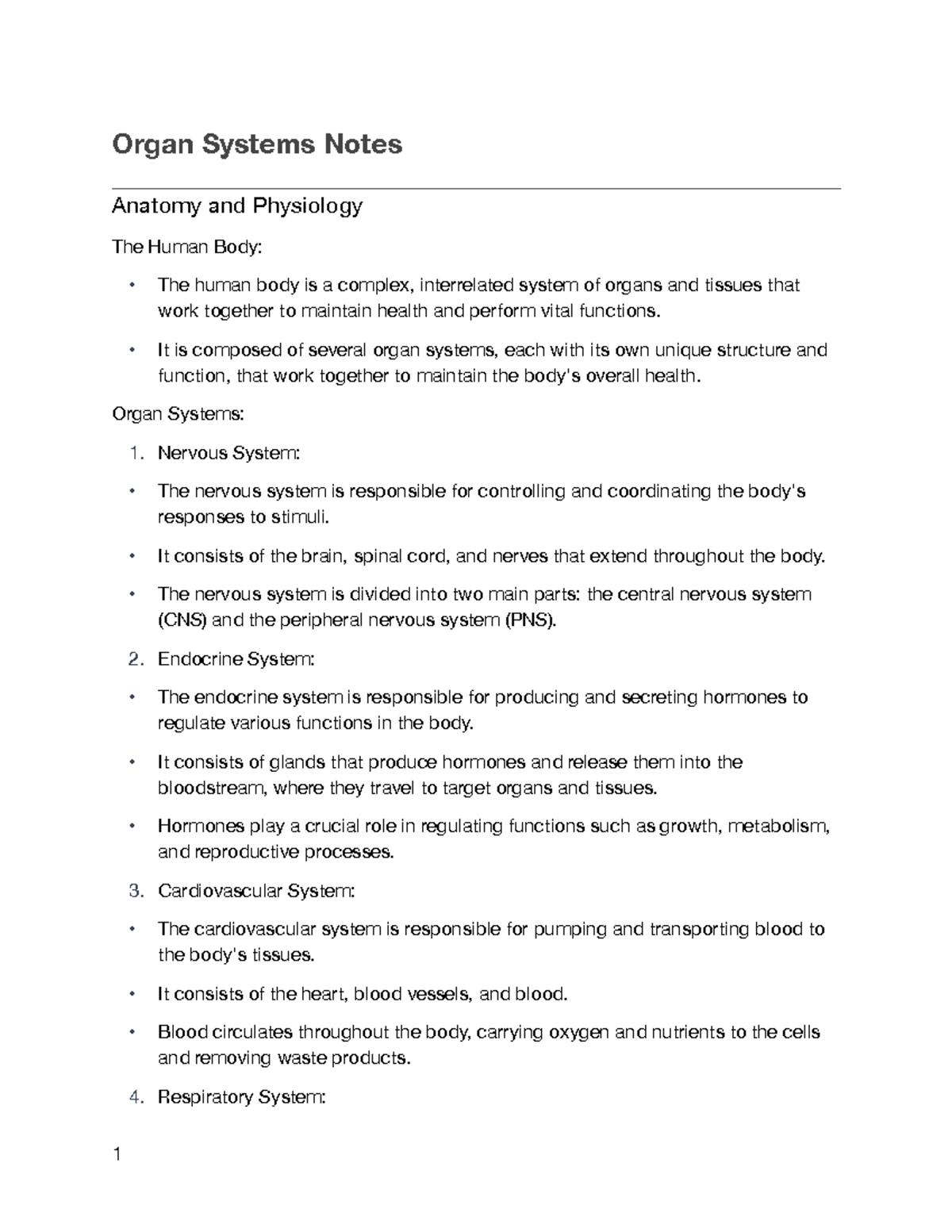 Organ Systems Notes - Organ Systems Notes Anatomy and Physiology The ...