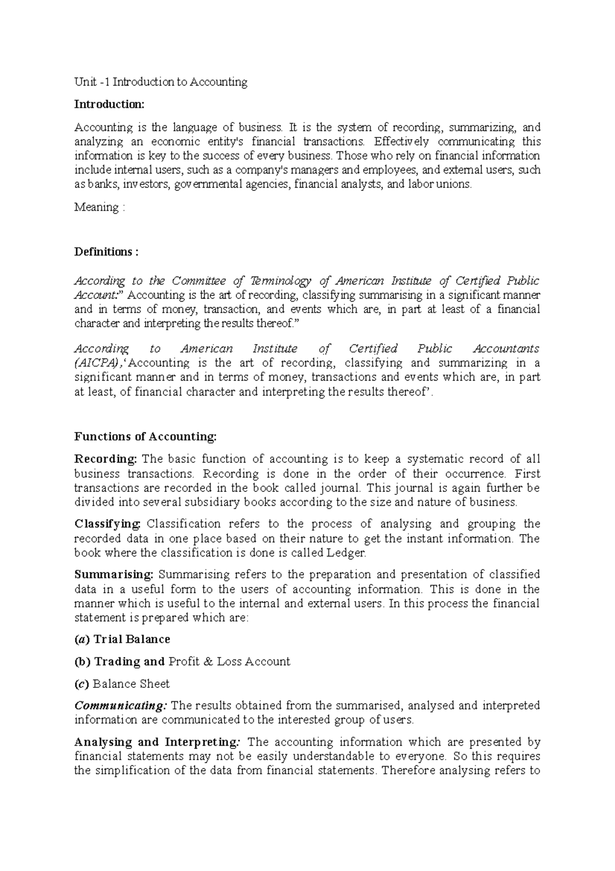 Unit 1 FA - Unit -1 Introduction to Accounting Introduction: Accounting ...