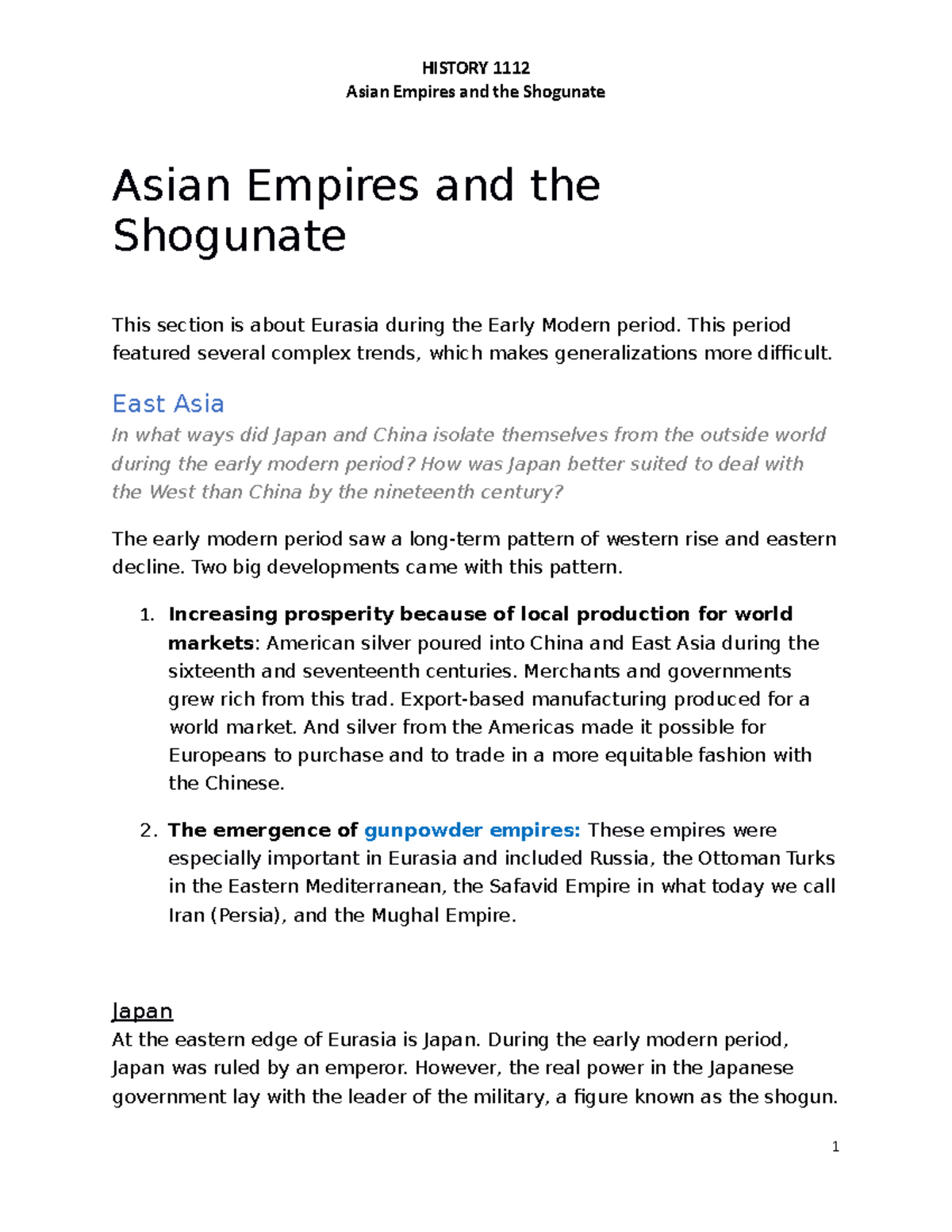HIST 1112 - Asian Empires and the Shogunate - Asian Empires and the ...