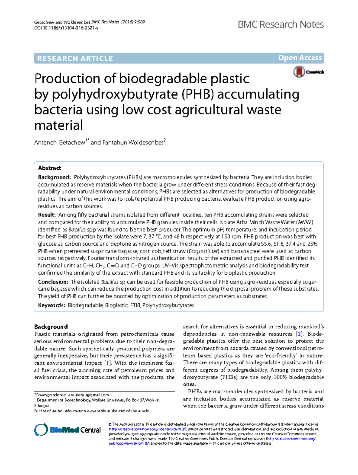 Getachew 2016 Production of biodegradable plastic by bacteria on ...