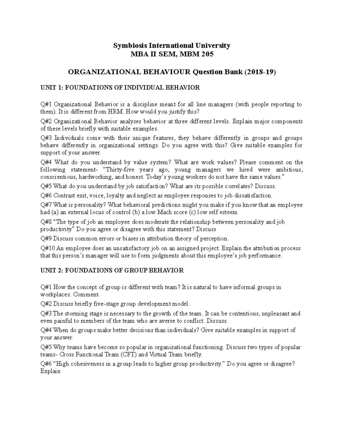 MBA 205 Organizational behaviour - Symbiosis International University ...