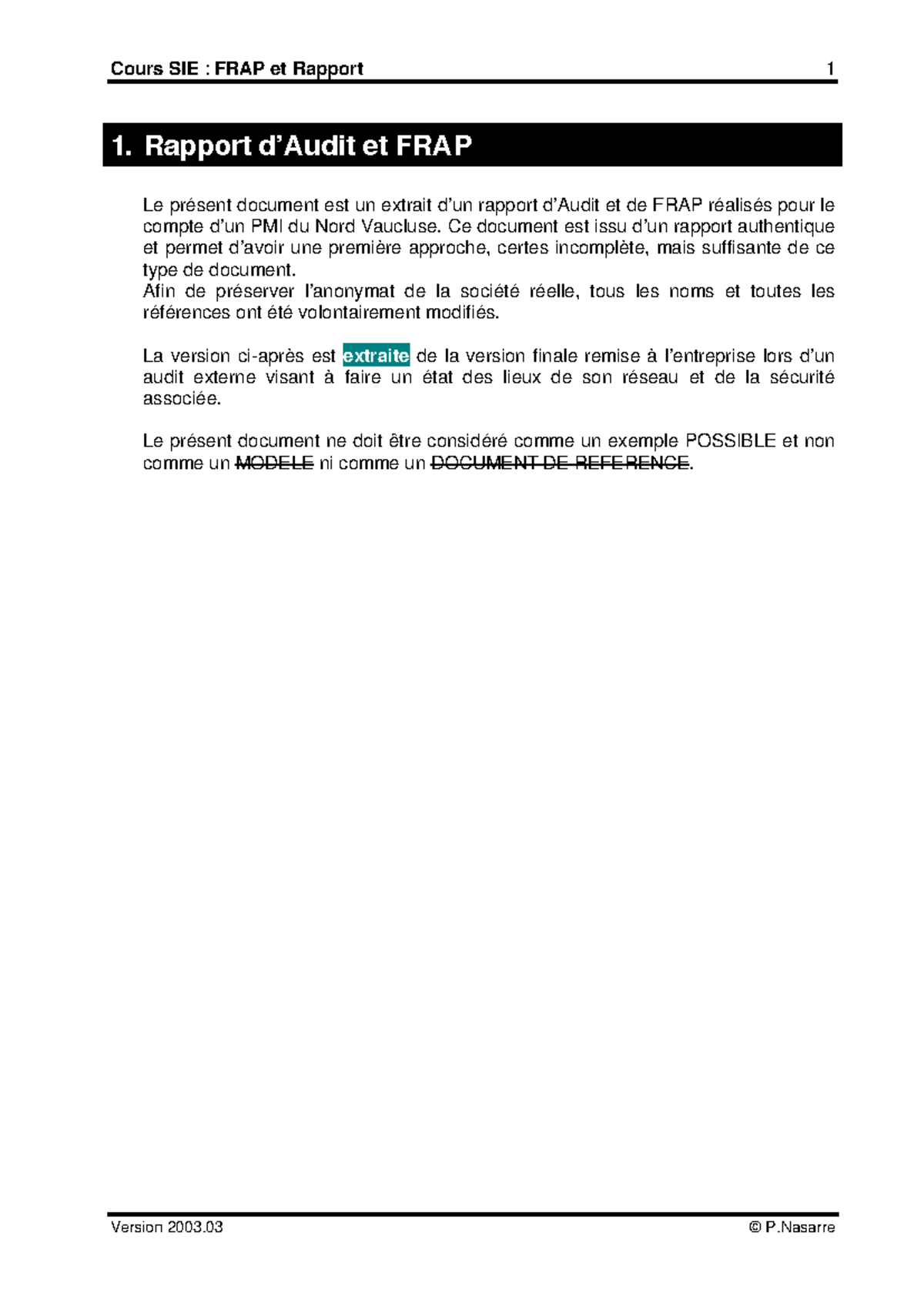Exemple Frap - 1. Rapport d’Audit et FRAP Le présent document est un extrait d’un rapport d ...