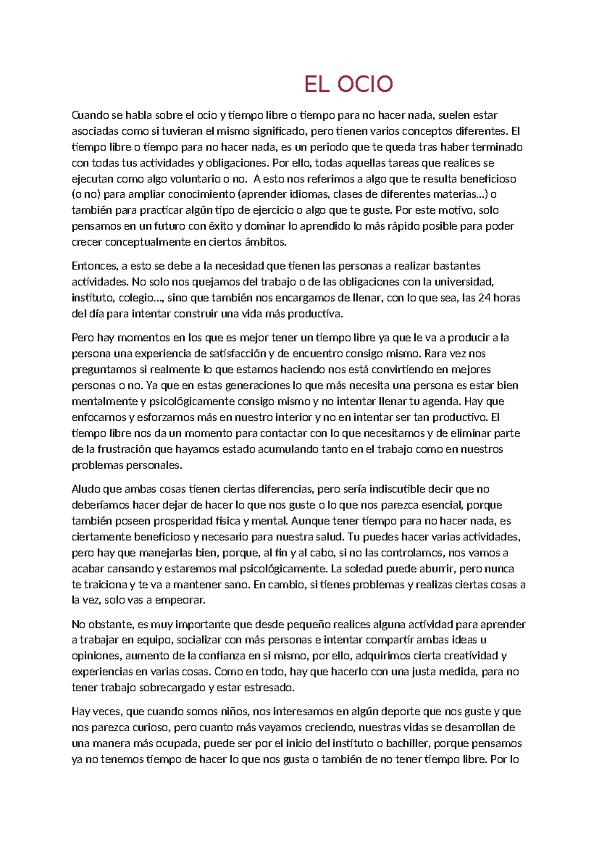 EL OCIO - EL OCIO Cuando se habla sobre el ocio y tiempo libre o tiempo ...