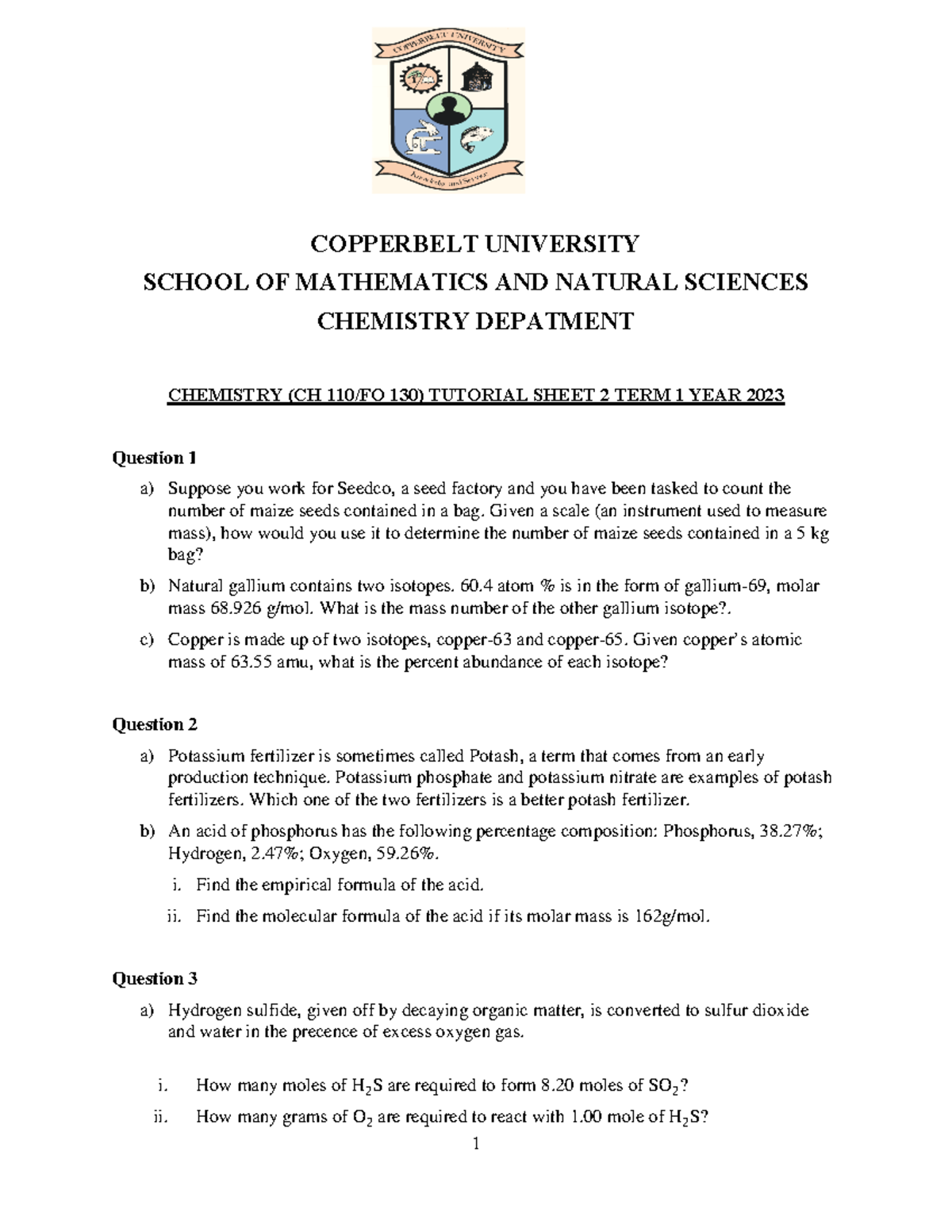 Tutorial Sheet TWO - From the copperbelt University - 1 COPPERBELT ...