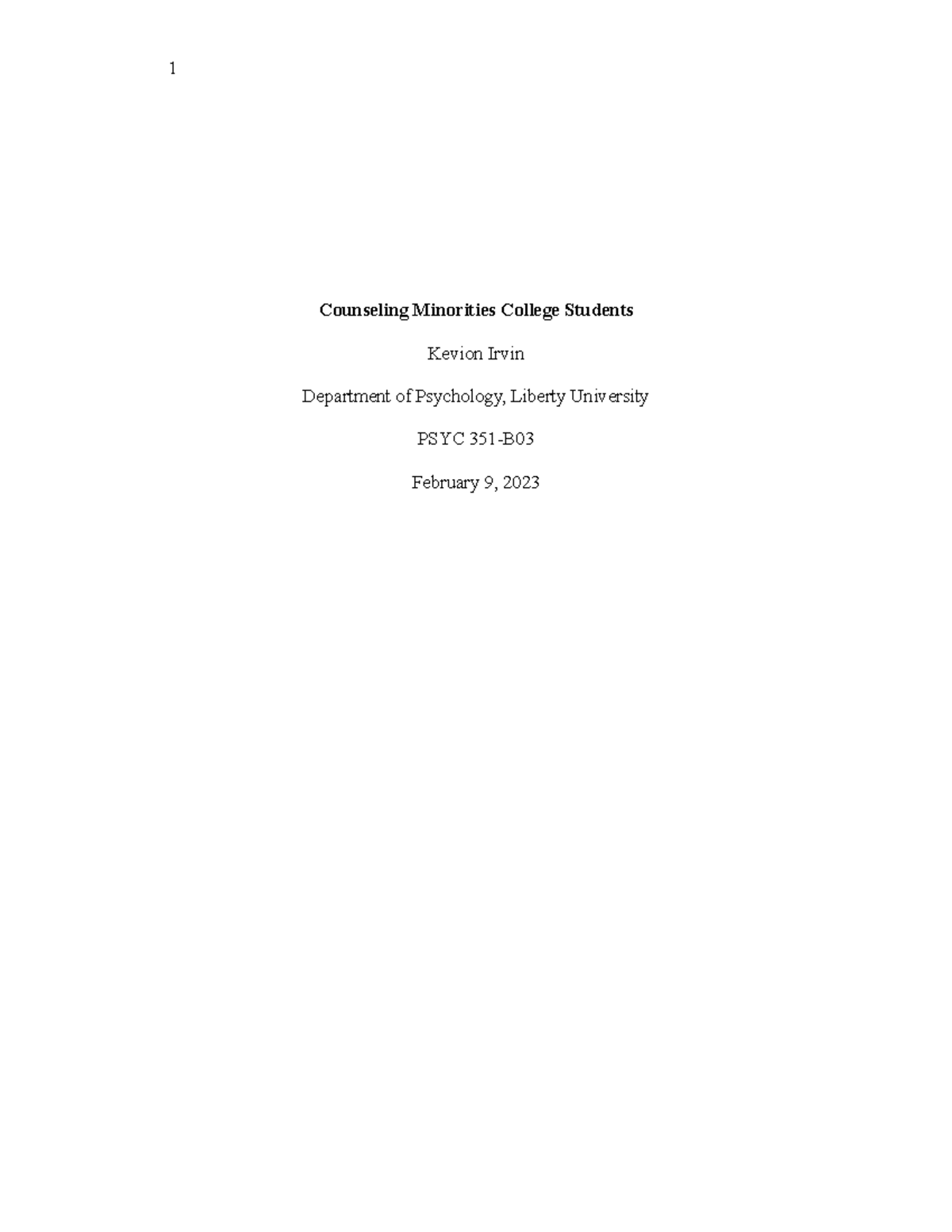 Psyc 351 B03 Kevion Irvin Scholarly Article Critique Paper Proposal Assignment 1 Counseling