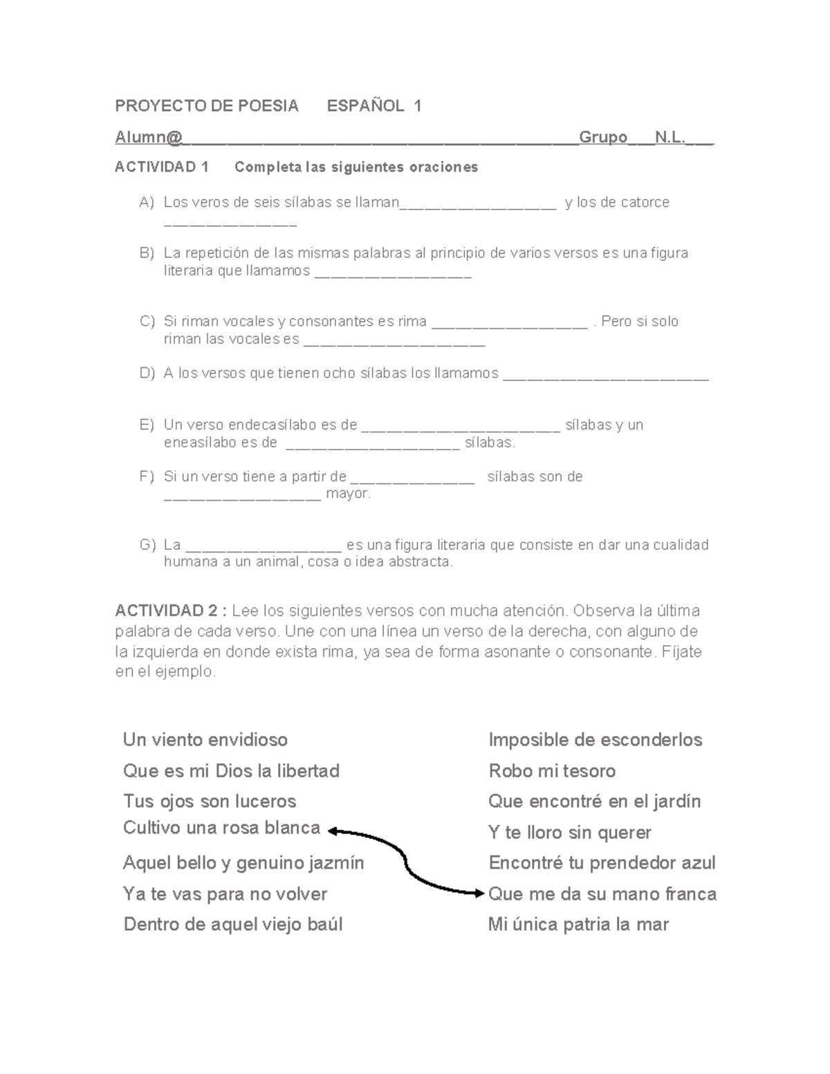 Actividades DE Poesia Español 1 23-24 - PROYECTO DE POESIA ESPAÑOL 1 ...