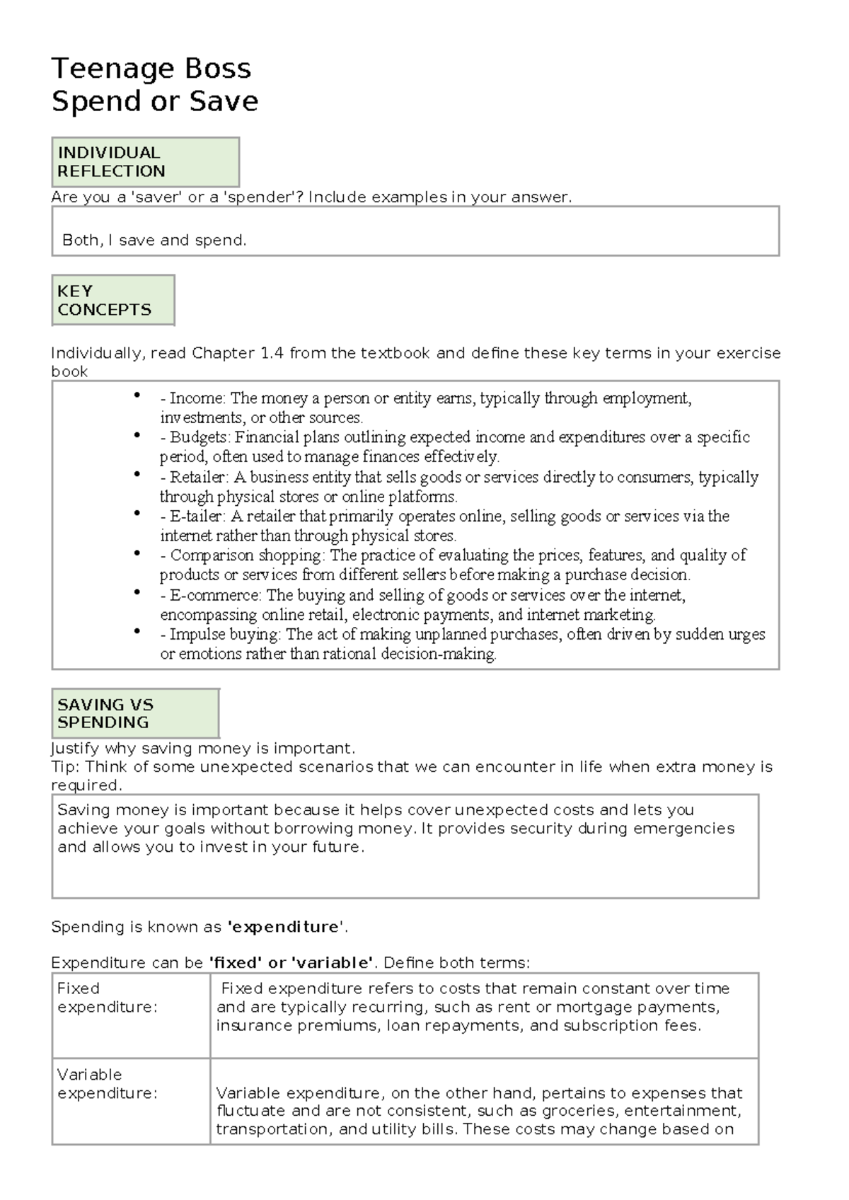 Spend or save Activity - Teenage Boss Spend or Save INDIVIDUAL ...
