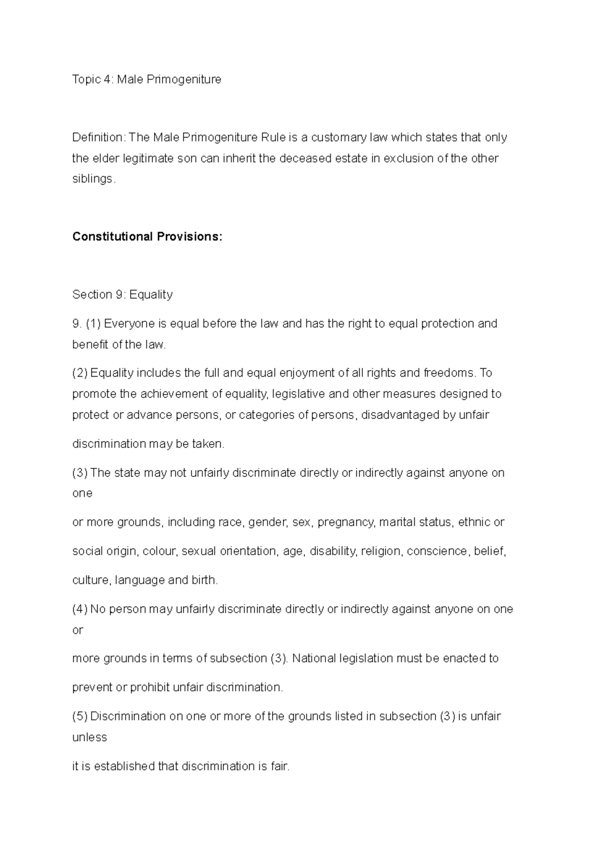 Topic 4 - Customary Law summaries. - Topic 4: Male Primogeniture ...