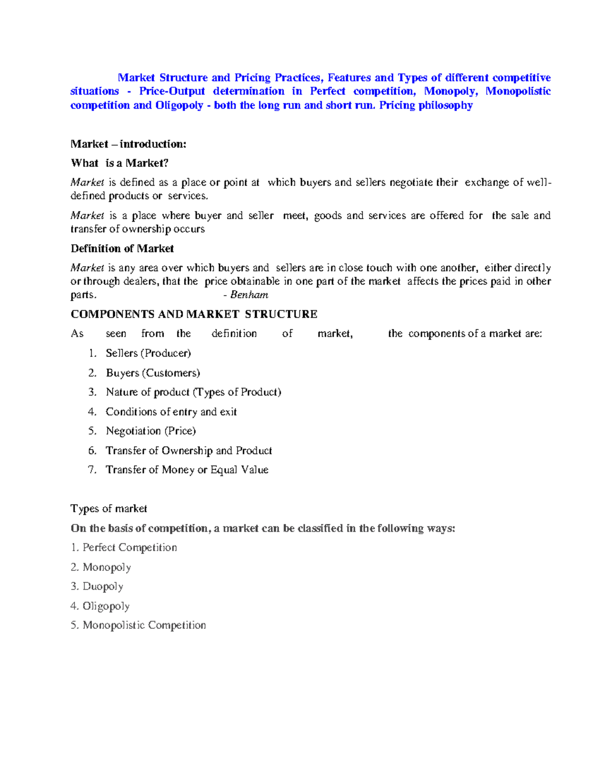 Market Structure and Pricing Practices - Pricing philosophy Market ...