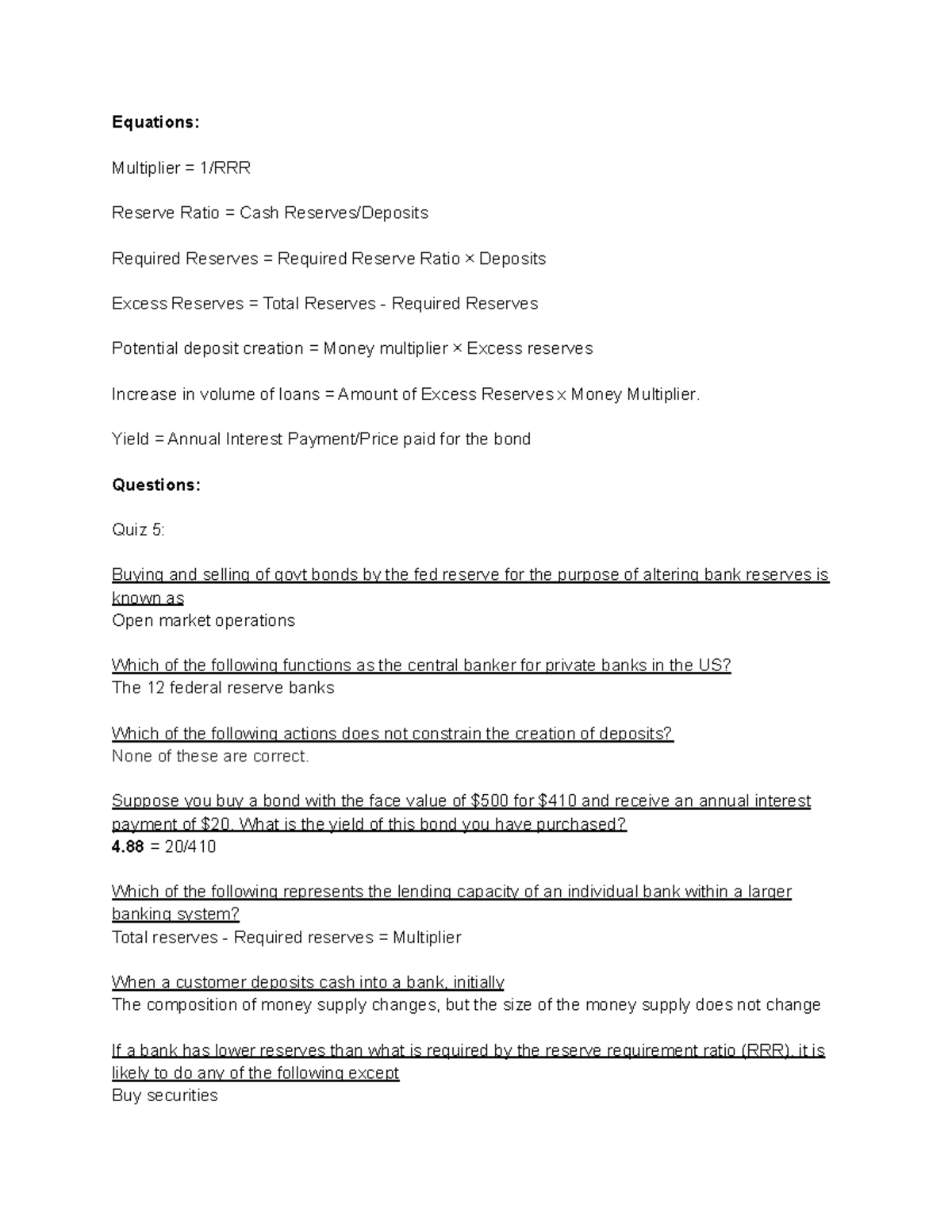 ECO 1002 Quiz 5&6 Prep - Babak Somekh - Equations: Multiplier = 1/RRR ...