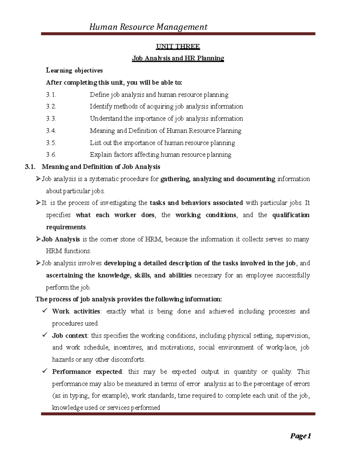 HRM UNIT Three Lectur NOTE - UNIT THREE Job Analysis and HR Planning ...