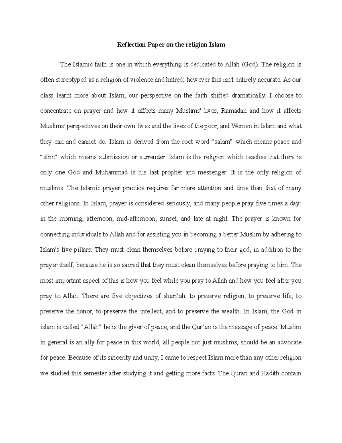 Reflection paper- Islam - Reflection Paper on the religion Islam The ...