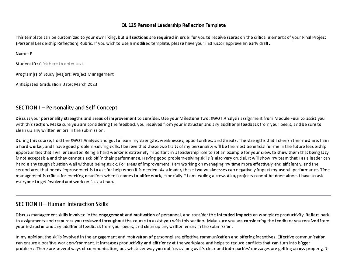 Personal Leadership Reflection Template - Studocu