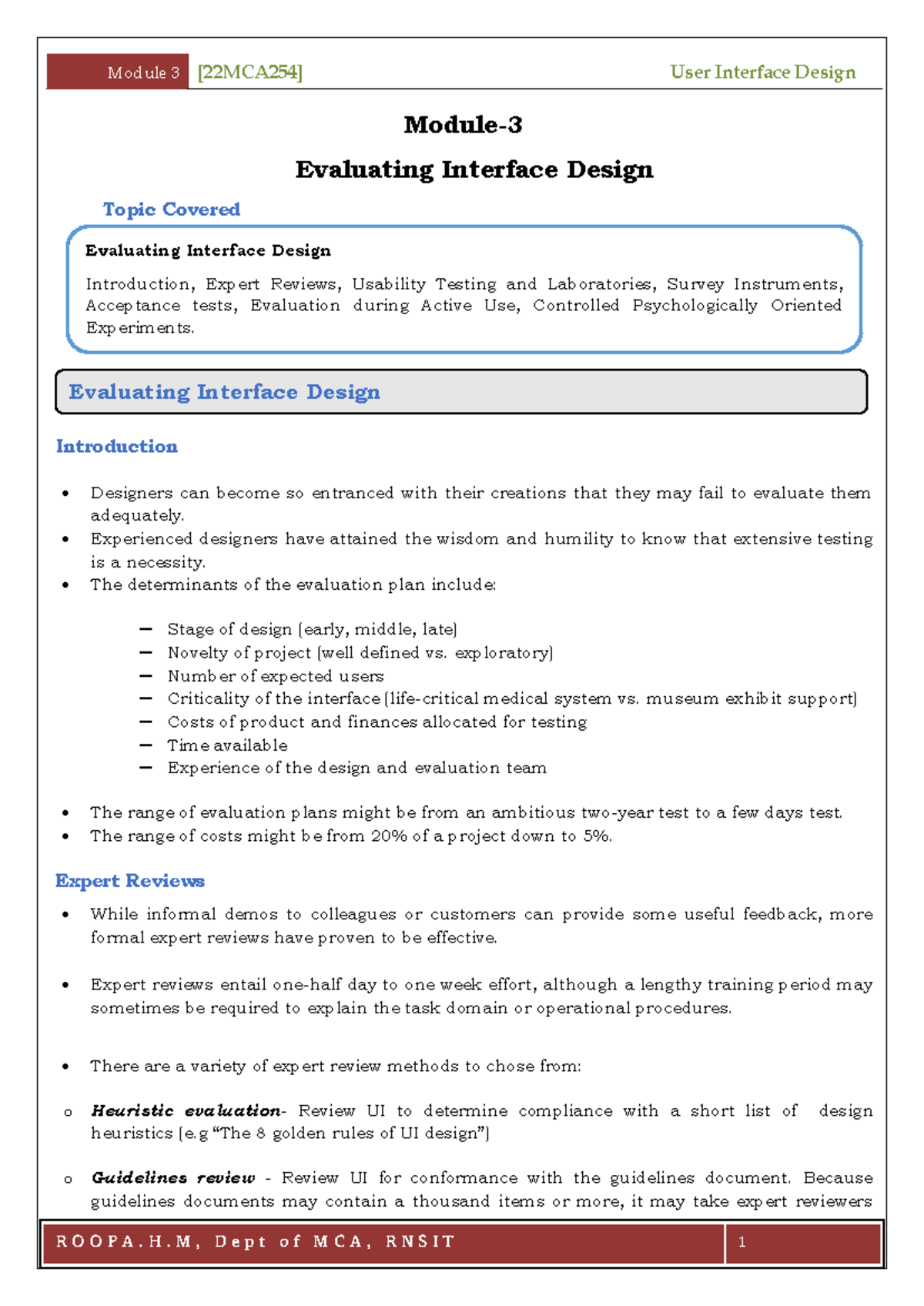 UID Module 3 - User design interface - Module- 3 Evaluating Interface Design Topic Covered - Studocu