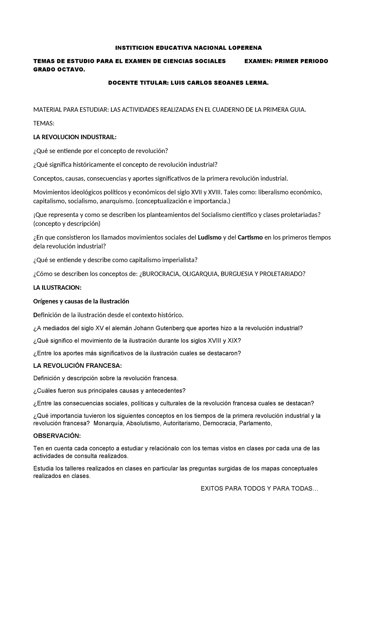 Temas DE Estudio- Sociales 8° Primer P. 2024 - INSTITICION EDUCATIVA ...