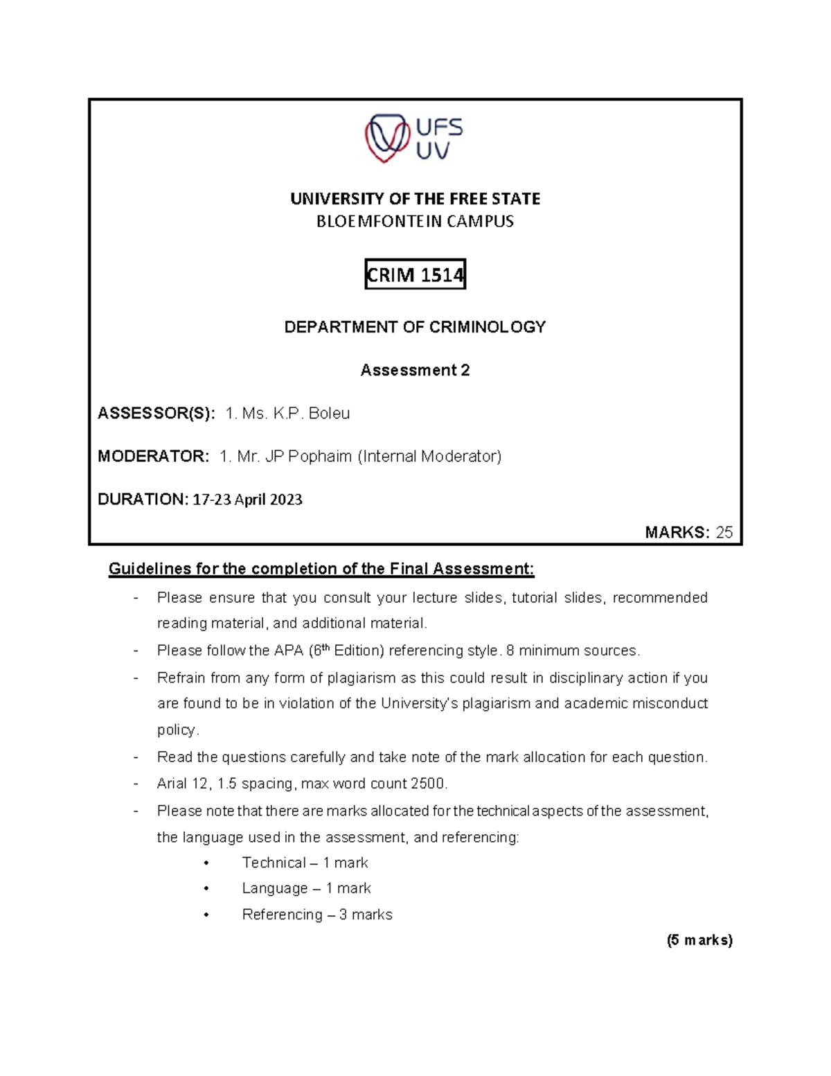 Assessment 2 - Assignment question paper - UNIVERSITY OF THE FREE STATE ...