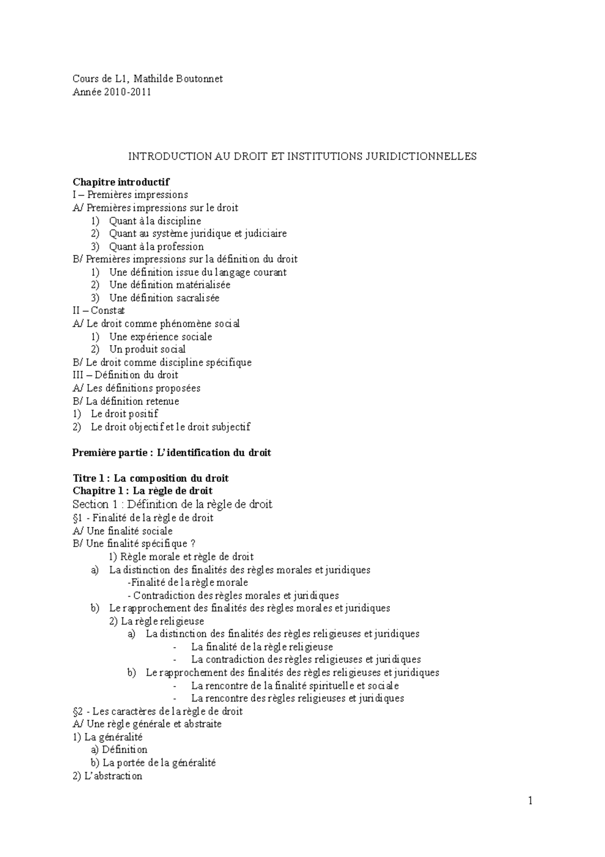 Plan du cours d'intro au droit 2010-2011 - Cours de L1, Mathilde Boutonnet Année 2010-2011 - Studocu