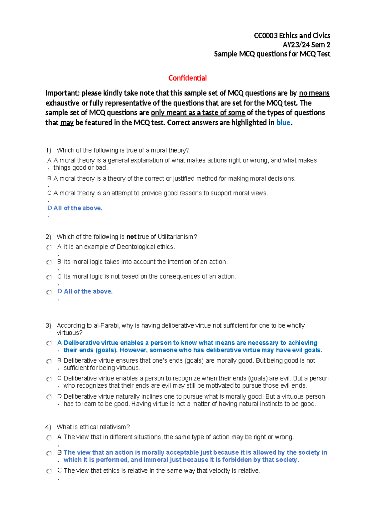Confidential sample MCQ questions for MCQ Test Answer Scheme CC0003 ...