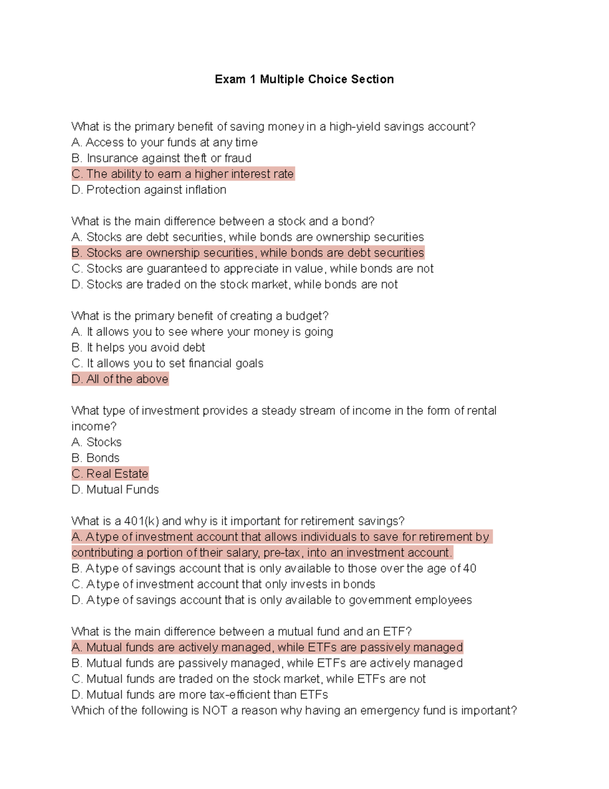 Exam 1 Multiple Choice Questions - Exam 1 Multiple Choice Section What ...
