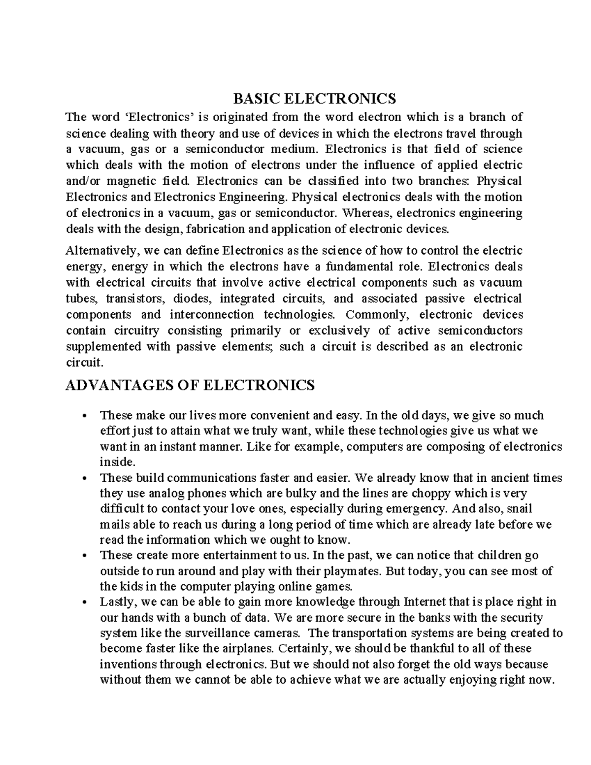 Lecture 1 - notes - BASIC ELECTRONICS The word ‘Electronics’ is ...