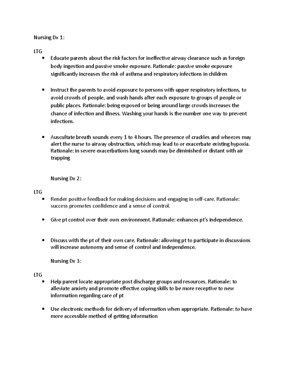 LTG Nursing Dx - Reference - Nursing Dx 1: LTG Educate parents about ...