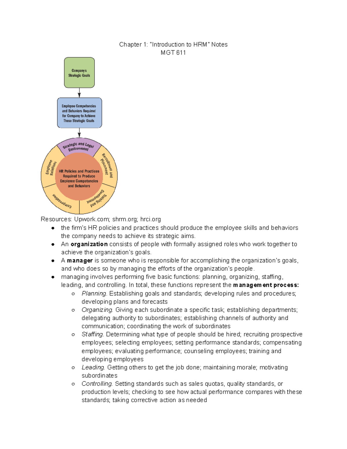 MGT 611 Chapter 1 Notes - Chapter 1: “Introduction to HRM” Notes MGT ...