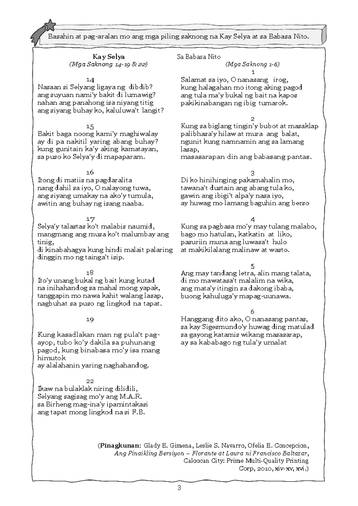 Kay Selya - Kay Selya (Mga Saknong 14-19 & 22) 14 Nasaan si Selyang ...