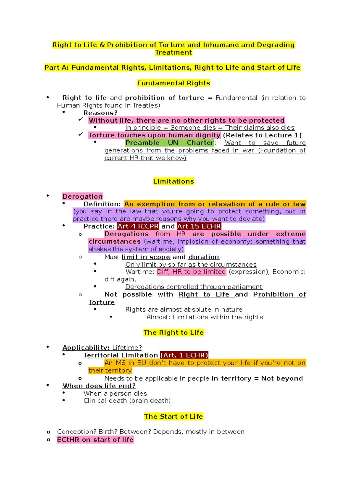 Right to Life - Lecture notes First semester - Right to Life ...