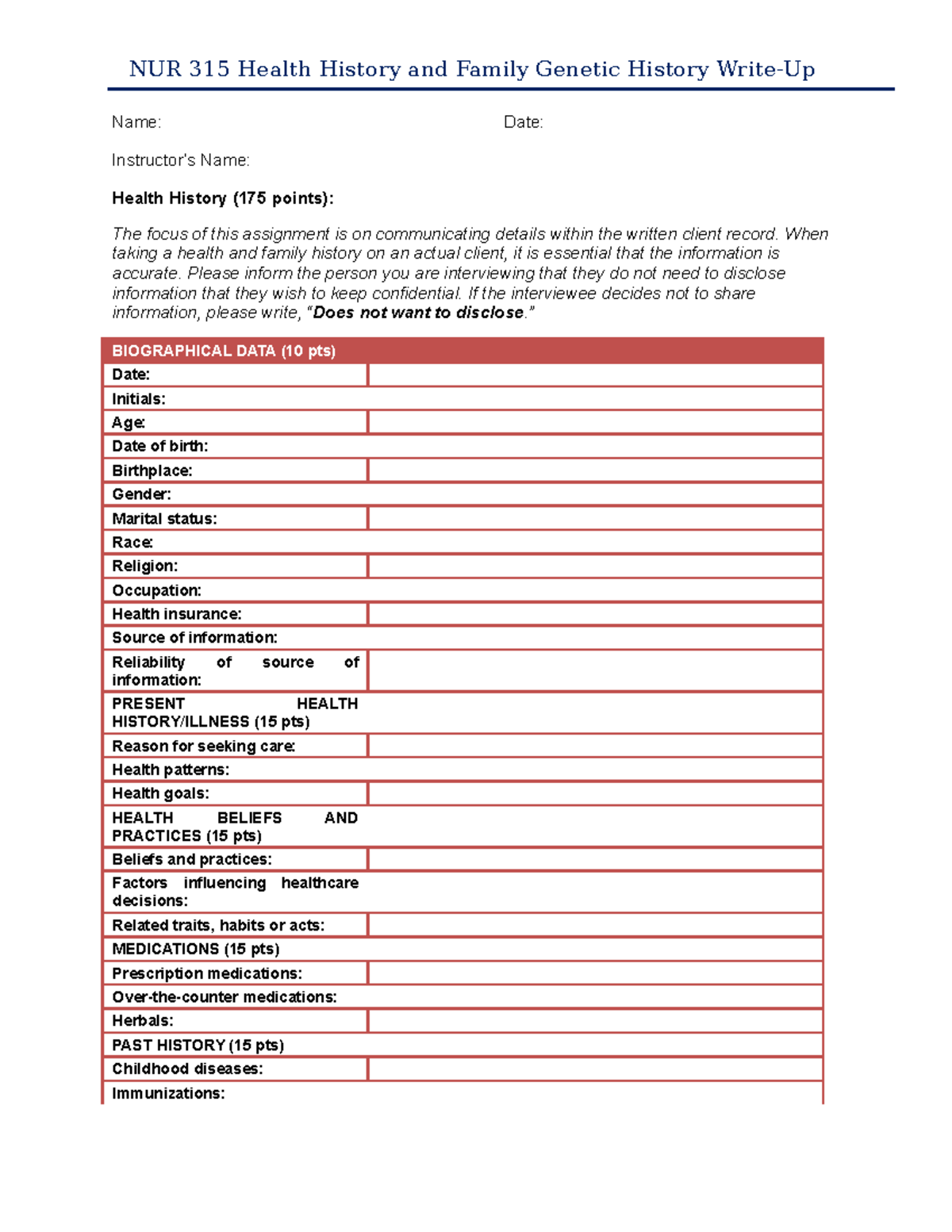 Health History and Family Genetic History Write-Up - Blank - Name: Date ...