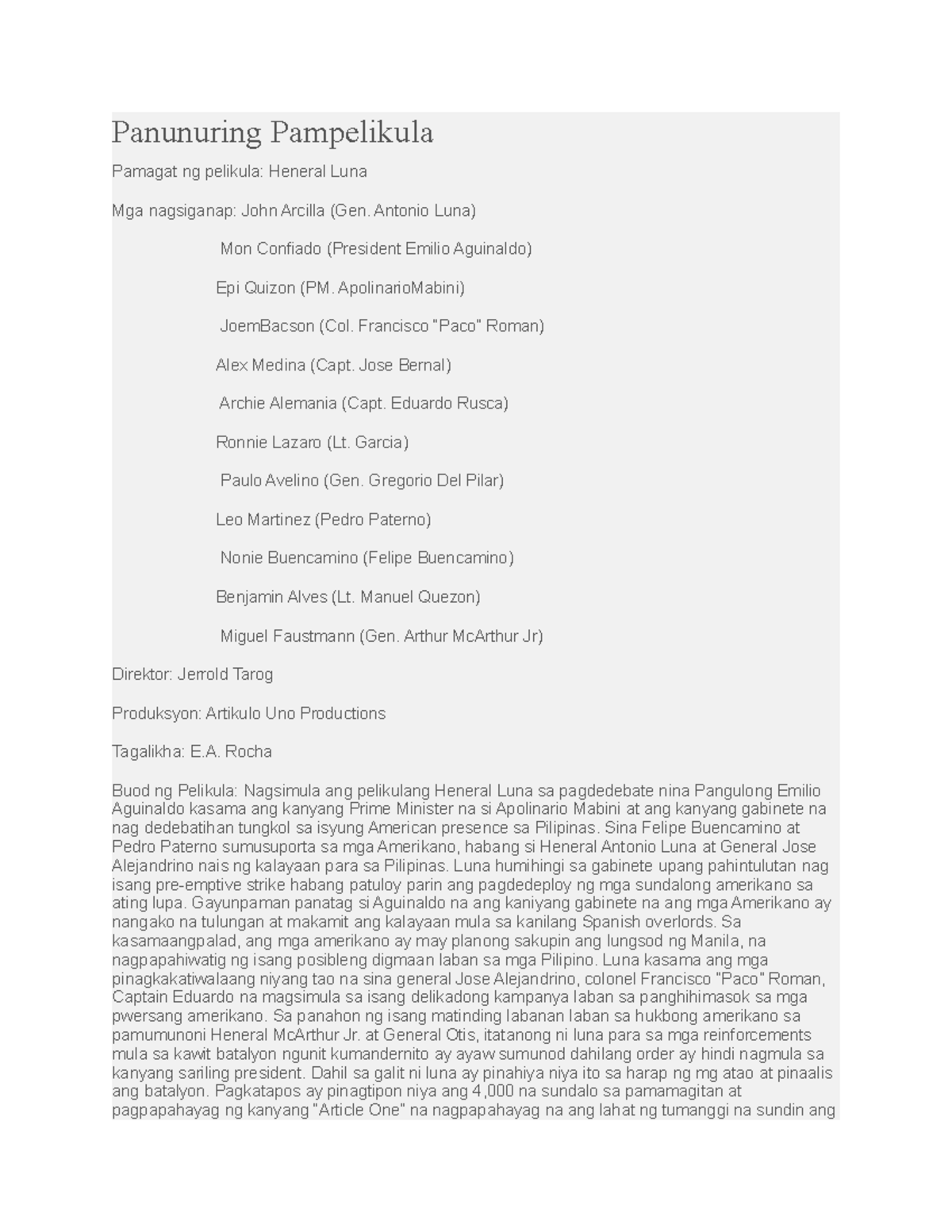Panunuring Pampelikula Heneral Luna - Panunuring Pampelikula Pamagat ng ...