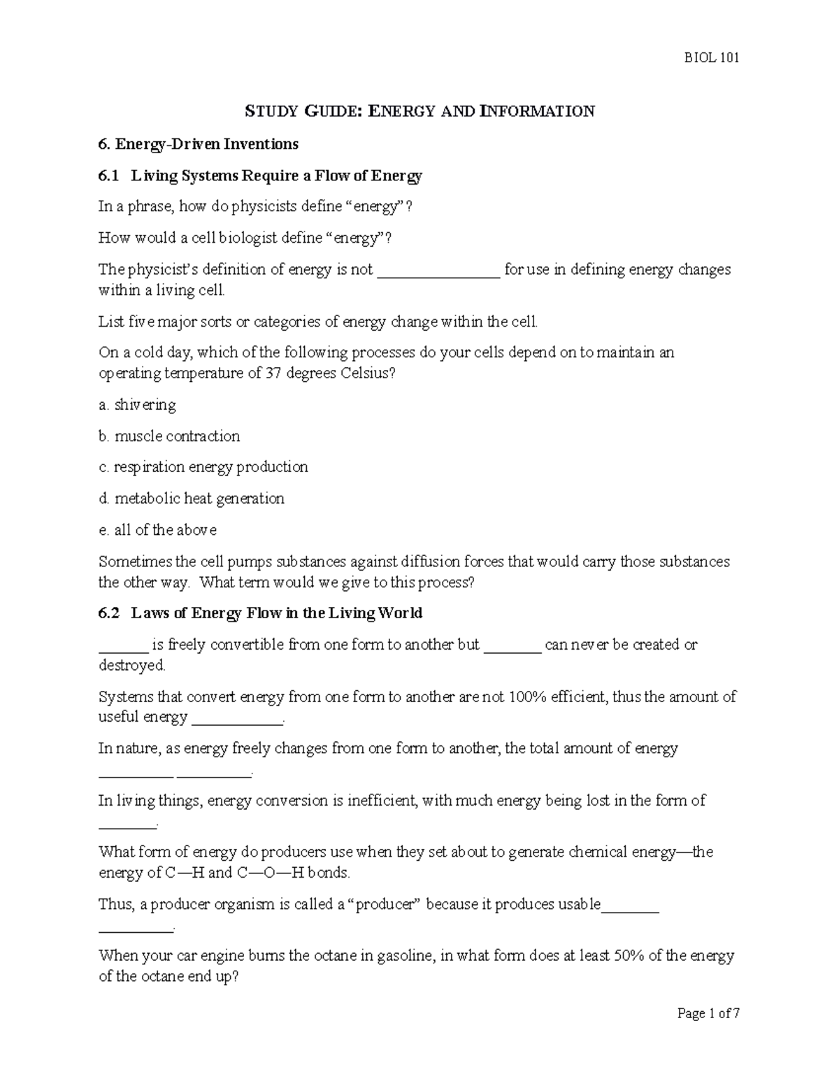 Study Guide Energy and Information - STUDY GUIDE: ENERGY AND ...