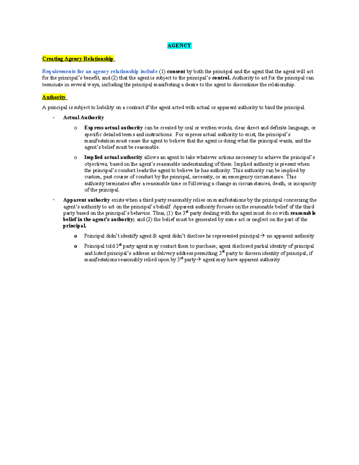 Agency - Bar Prep Rule Statements - AGENCY Creating Agency Relationship ...