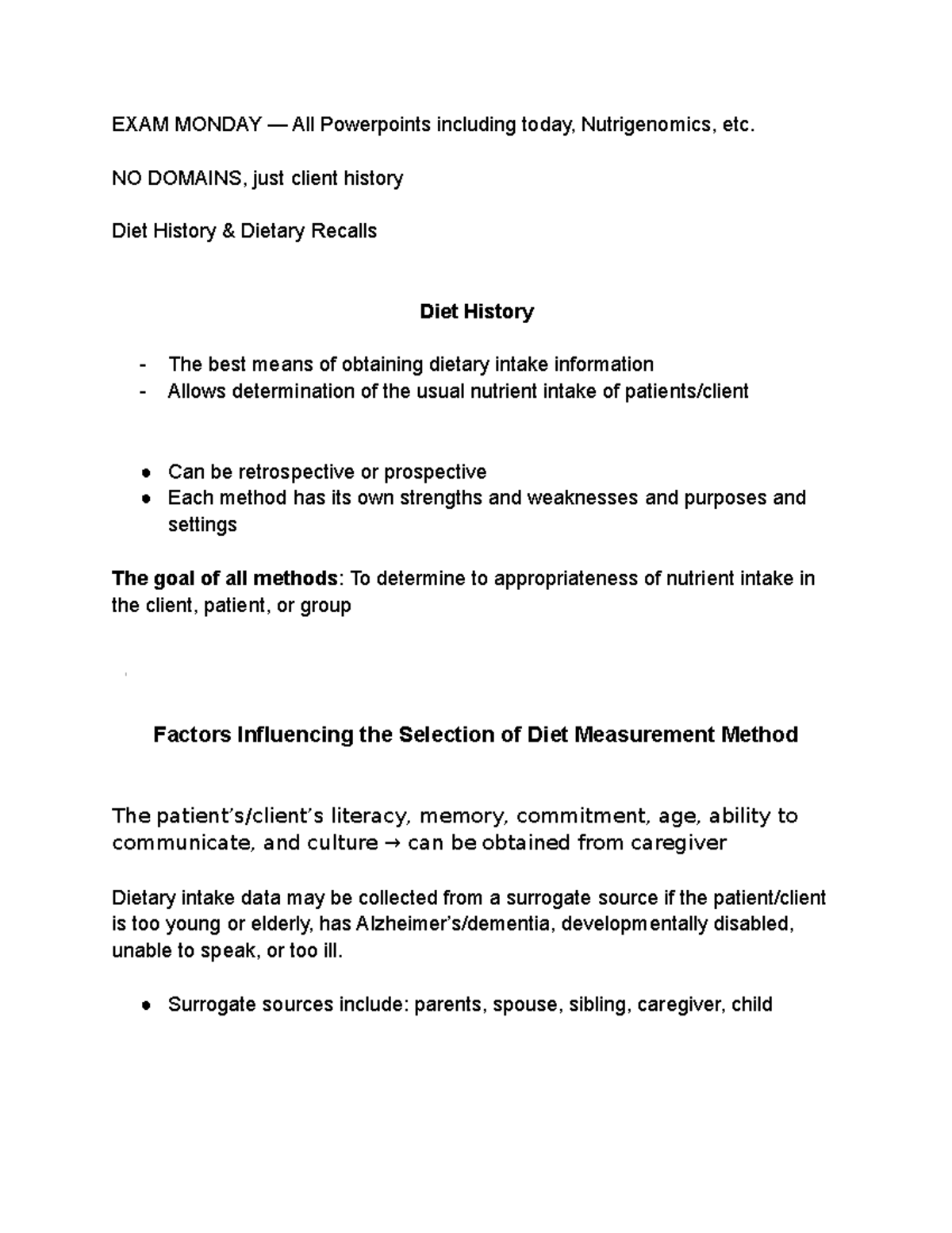 FNU 414: Diet History - EXAM MONDAY — All Powerpoints including today ...