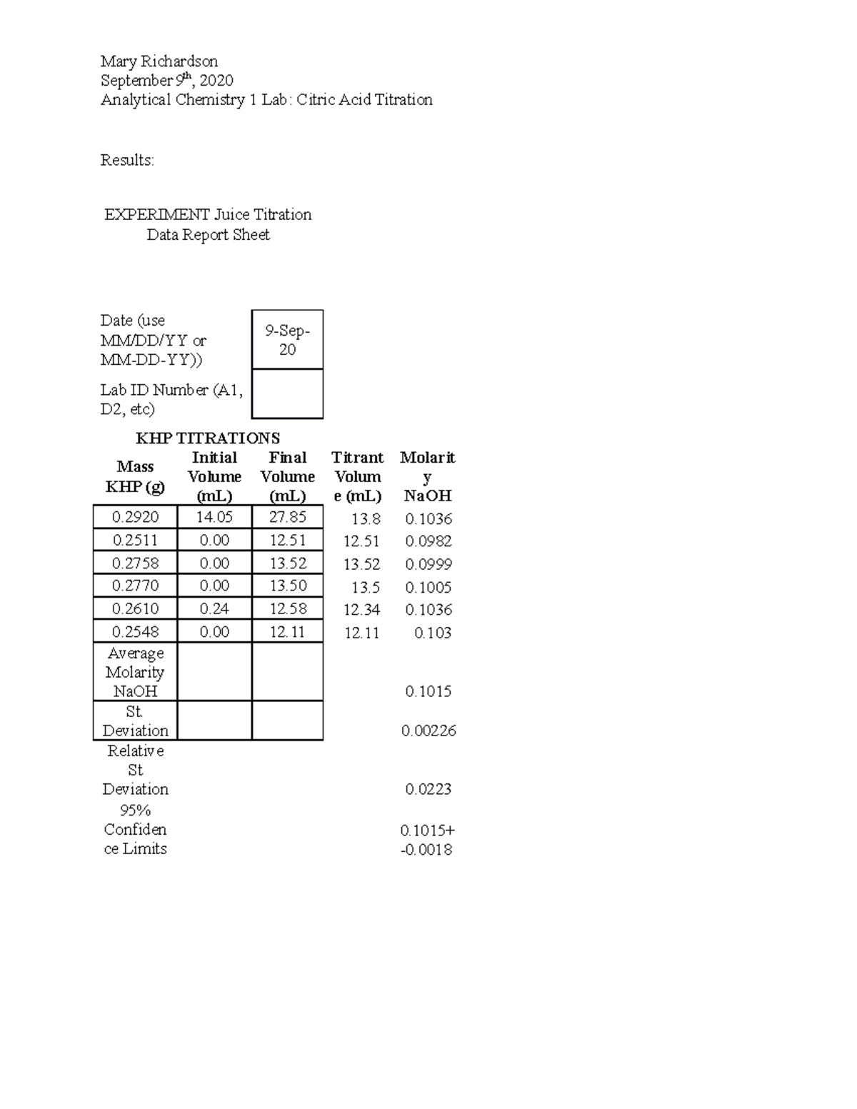 Lab report 3 Analytical Chemistry 1 Lab: Citric Acid Titration - Mary ...