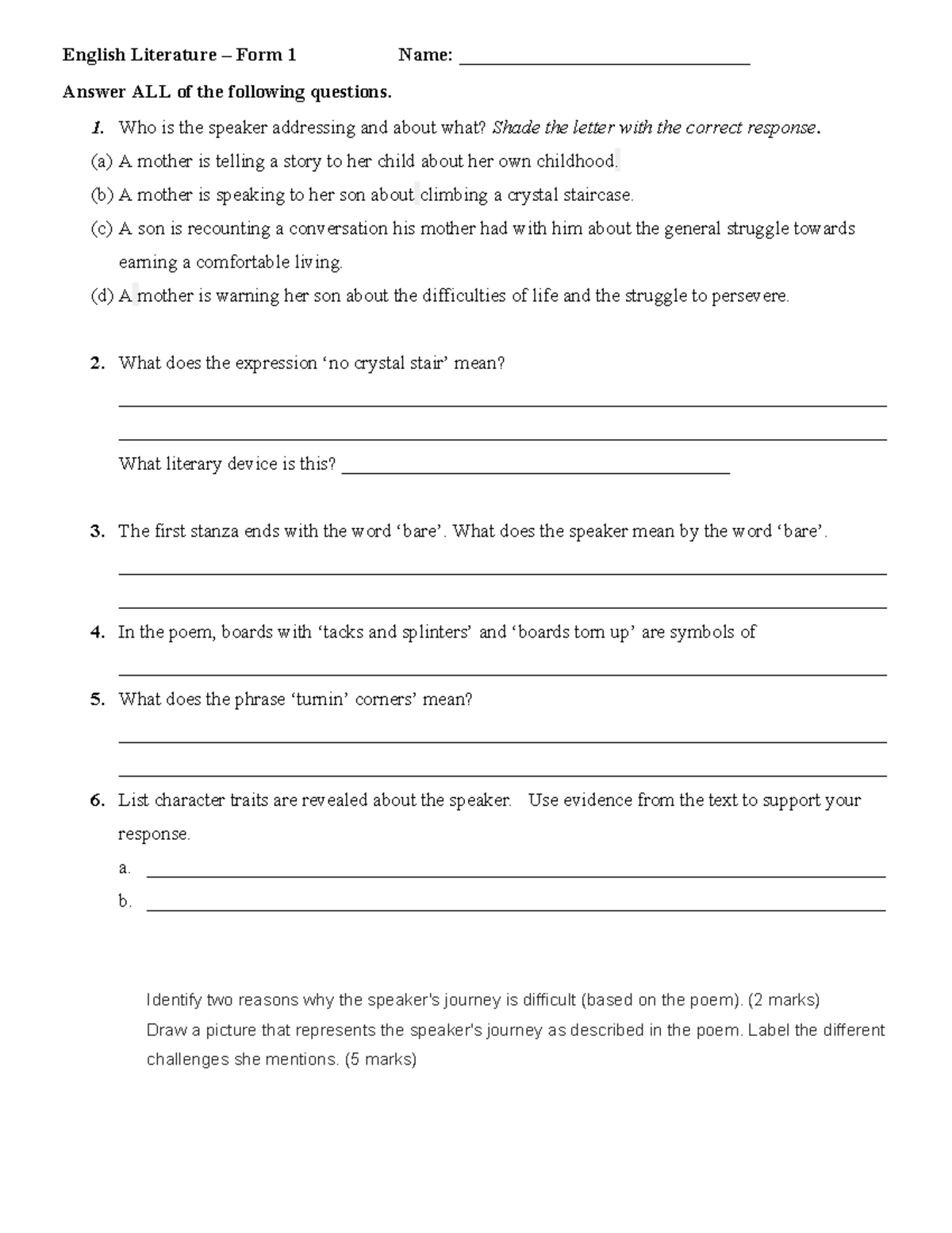 Mother to Son - practice - English Literature – Form 1 Name