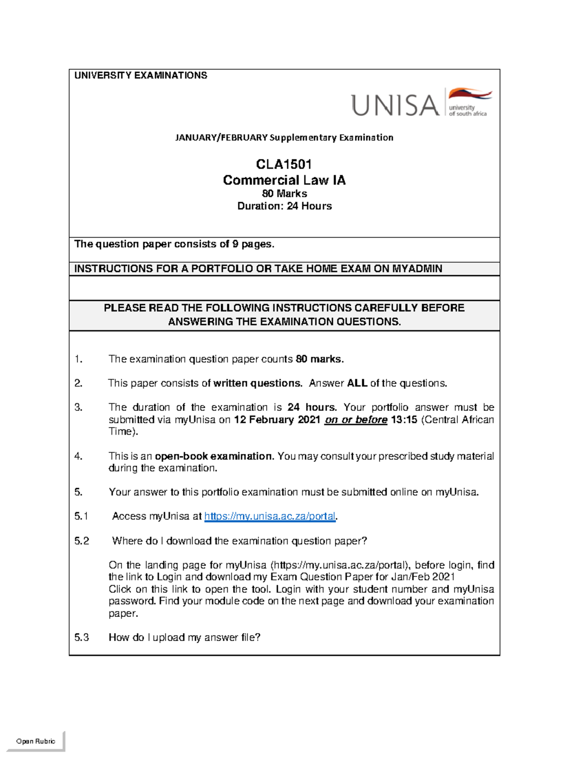 CLA1501 Exam February 2021 - UNIVERSITY EXAMINATIONS JANUARY/FEBRUARY ...