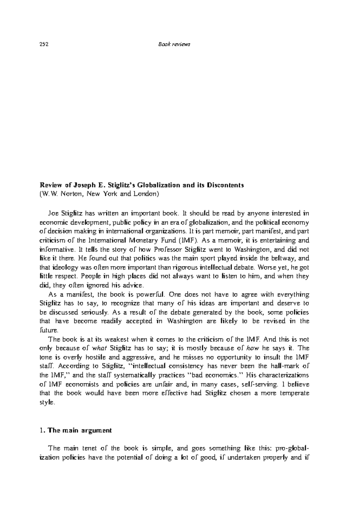 Stiglitz - Summary Globalization and its Discontents - Review of Joseph ...