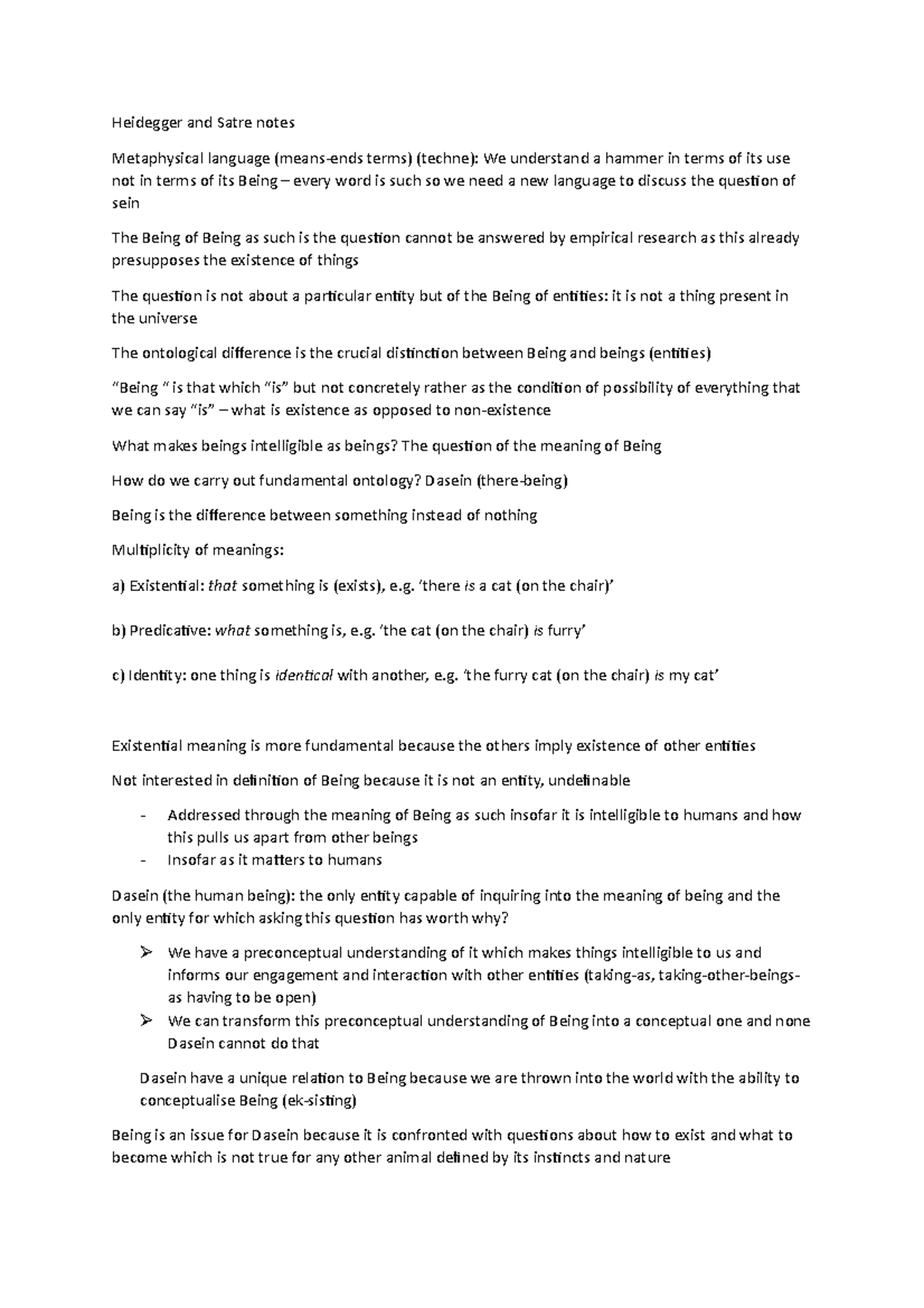 Heidegger and Satre notes - Heidegger and Satre notes Metaphysical ...