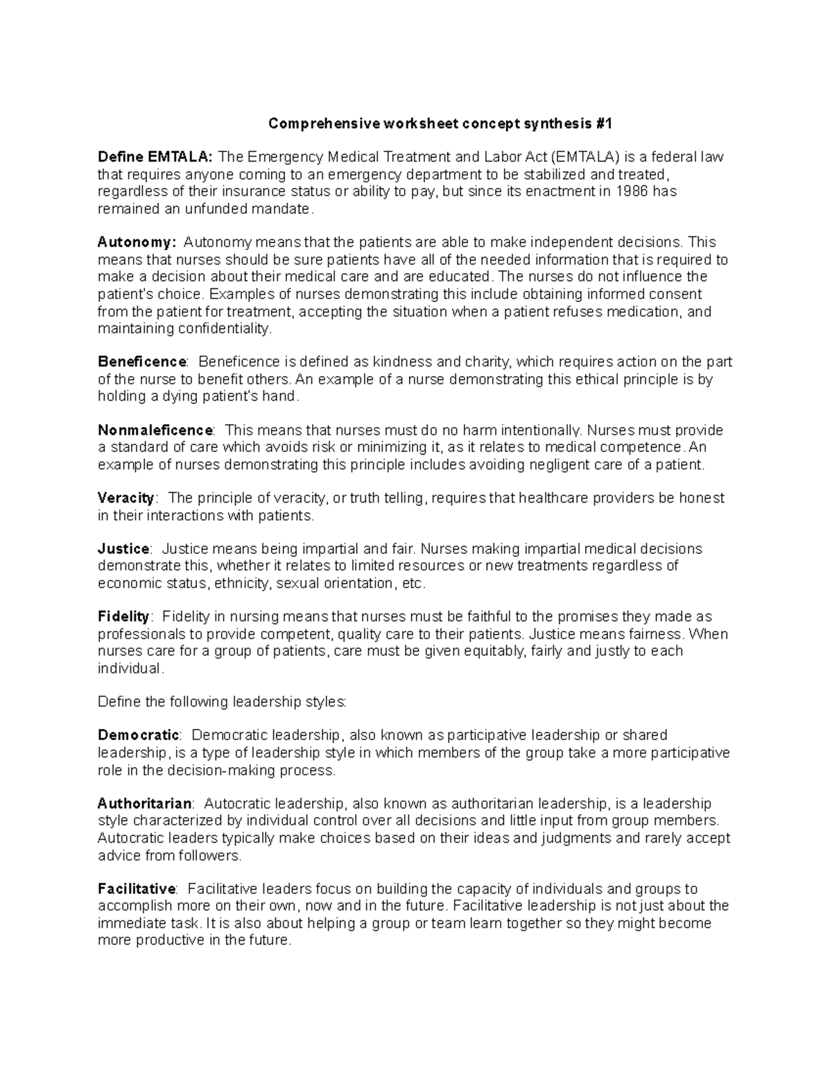 Comprehensive PTC 1 - Nursing - Comprehensive worksheet concept ...