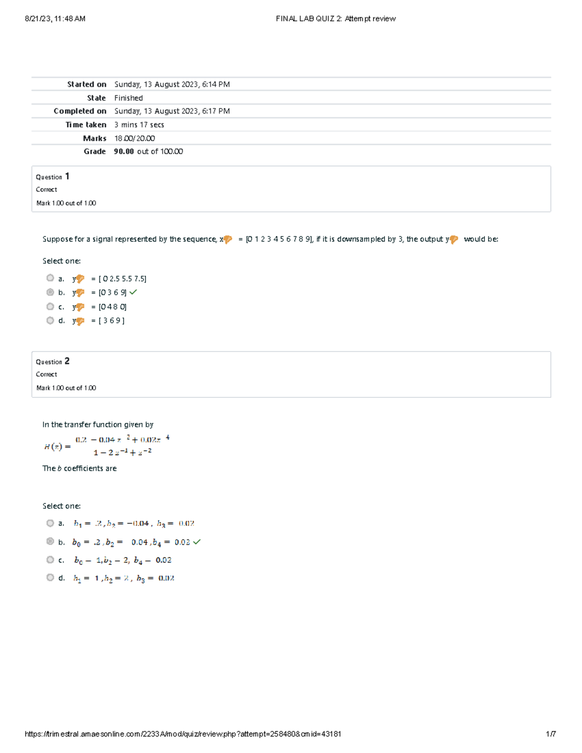 Final LAB QUIZ 2 Attempt review - Started on Sunday, 13 August 2023, 6:14 PM State Finished ...