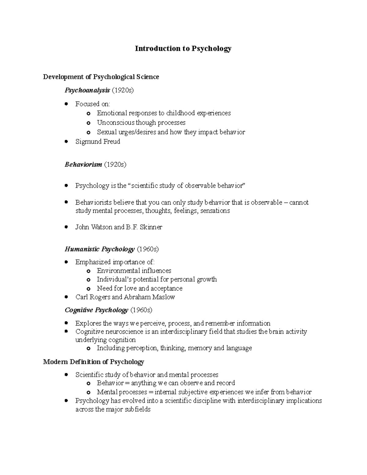 Chapter 1 Intro to Psychology - Introduction to Psychology Development ...