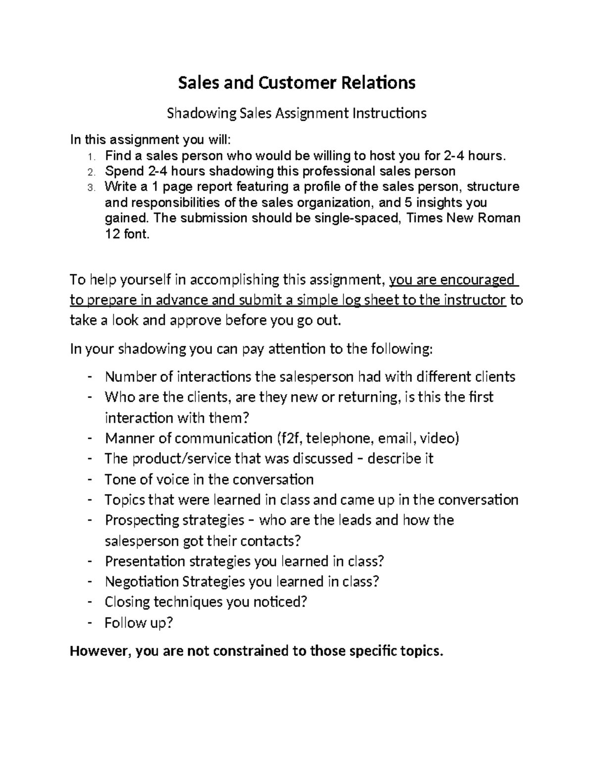 Shadowing Instructions - Sales and Customer Relations Shadowing Sales ...