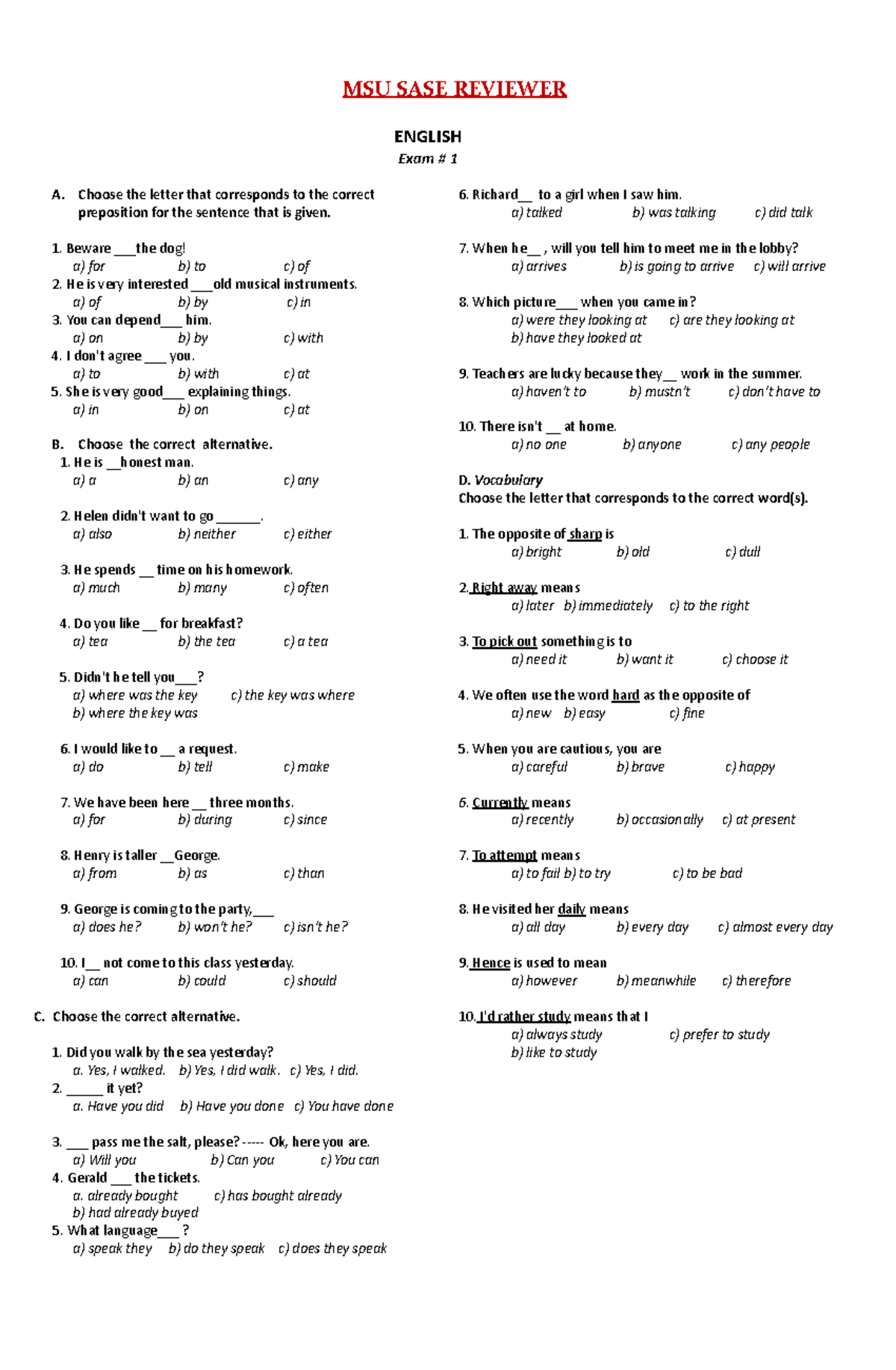 Reviewer for education - MSU SASE REVIEWER ENGLISH Exam # 1 A. Choose ...