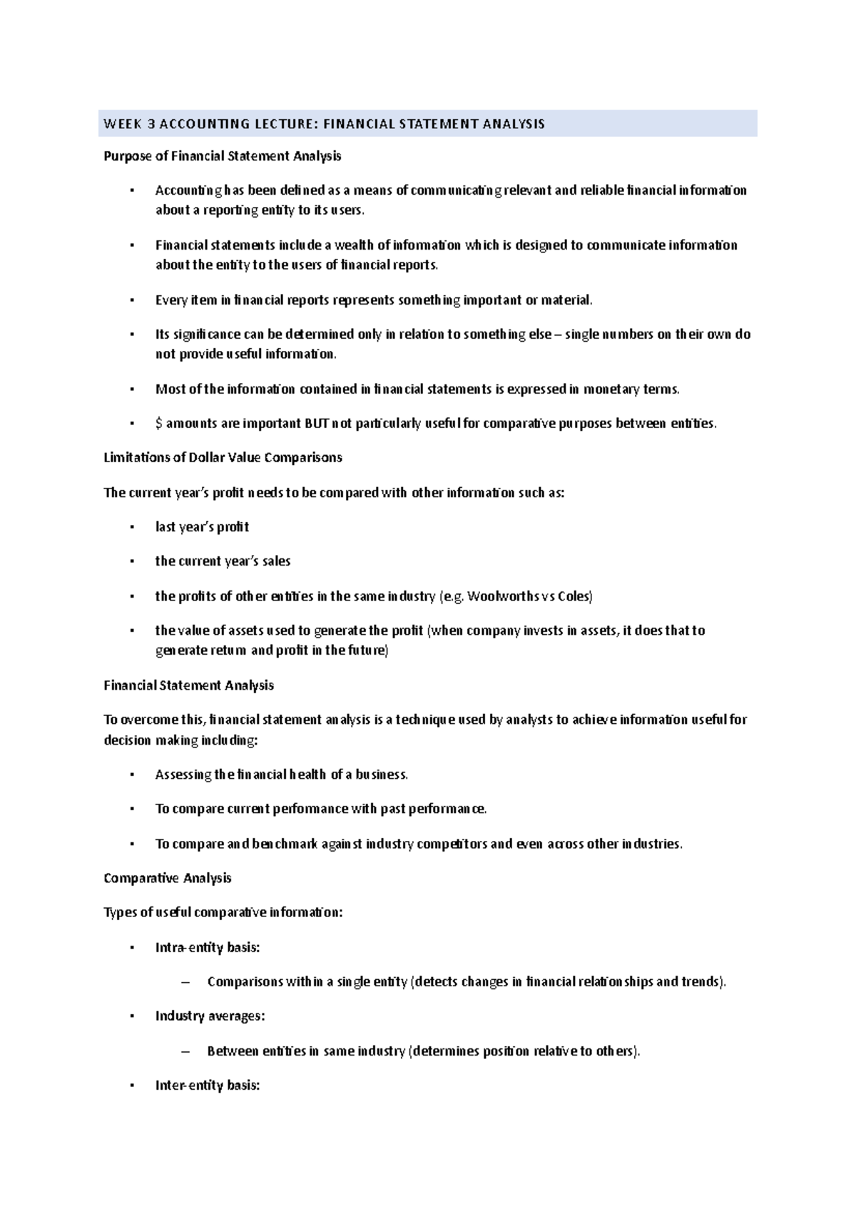Week 3 Accounting Lecture Week 3 Accounting Lecture Financial Statement Analysis Purpose Of