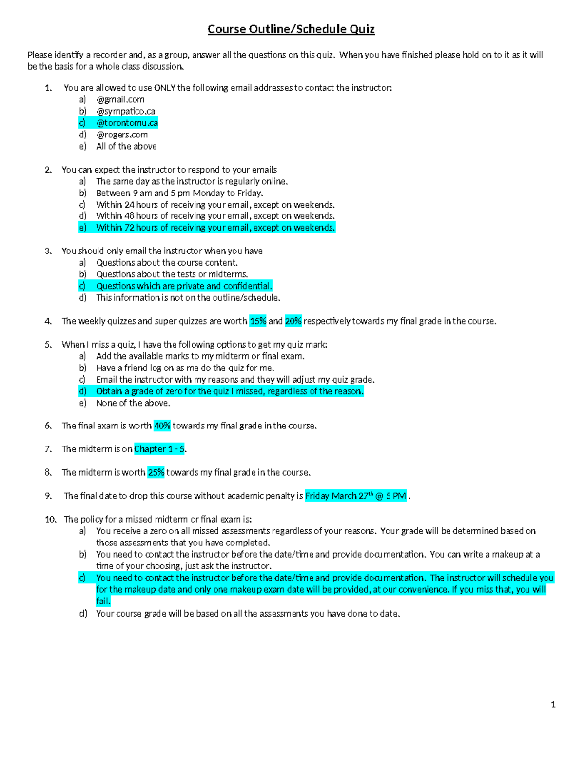 Class 1 - Course Outline - Schedule Quiz - Course Outline/Schedule Quiz ...