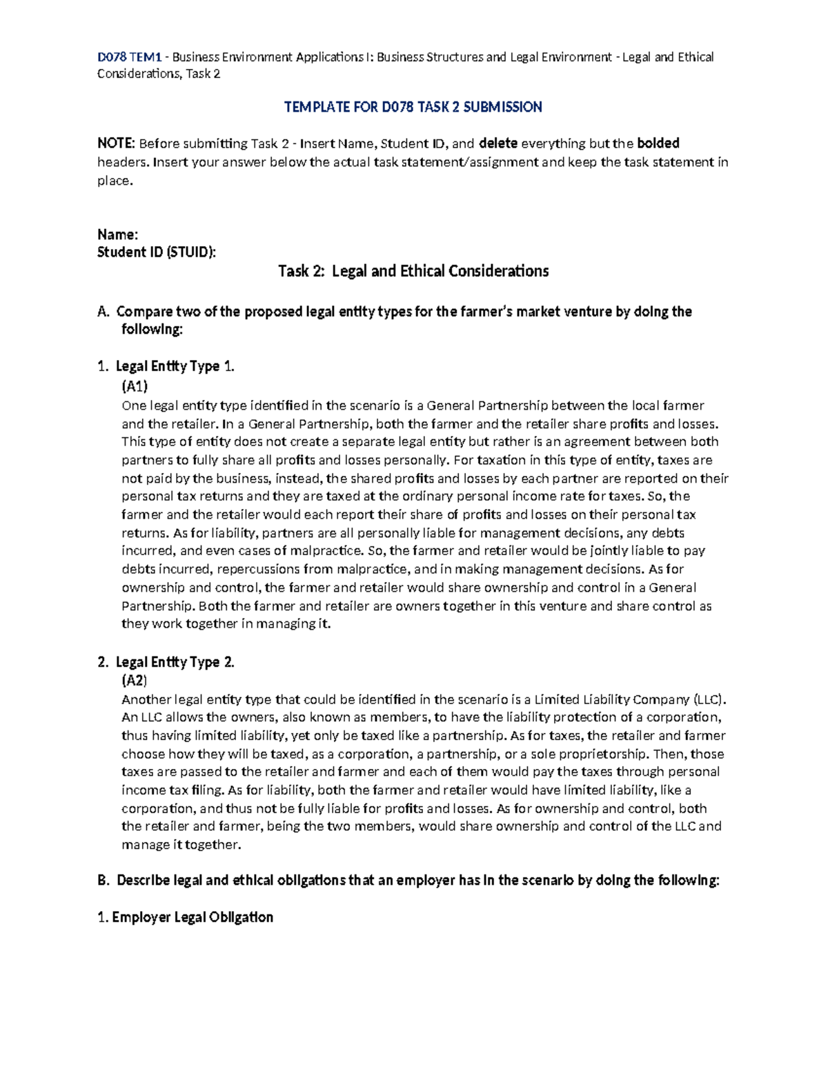 D078 Task 2 - Pass - D078 TEM1 - Business Environment Applications I ...