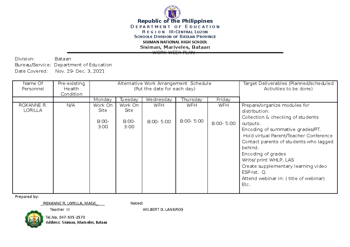 Workweek-Plan-Copy - NONE - Republic of the Philippines D E P A R T M E ...
